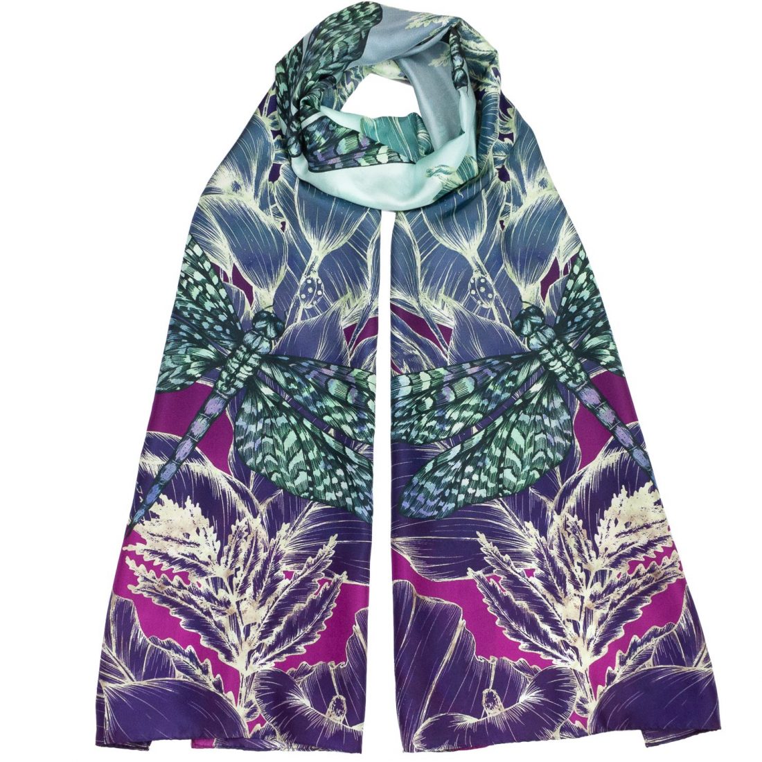 Dragonfly Lily Luxury Silk Scarf | Fuchsia | By Jessica Wilde